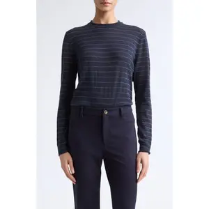 Lafayette 148 New York Striped Cashmere Crewneck Sweater - Ink Multi