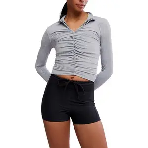 Free People Tempo Ruched Half Zip Crop Pullover - Heather Grey