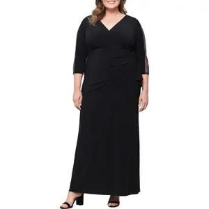 SL FASHIONS Beaded Sleeve Empire Waist Gown - Black