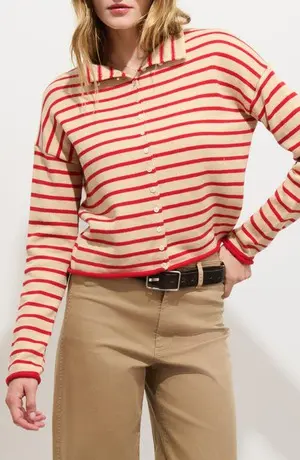 ALEX MILL Taylor Mariner Stripe Cardigan - Latte/bright Flame
