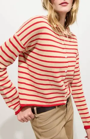 ALEX MILL Taylor Mariner Stripe Cardigan - Latte/bright Flame