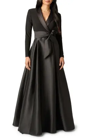 Adrianna Papell Mixed Media Long Sleeve Tuxedo Gown - Black