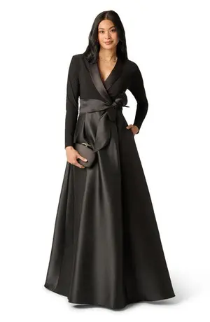 Adrianna Papell Mixed Media Long Sleeve Tuxedo Gown
