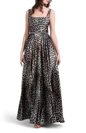 EMILY SHALANT Animal Pleated Square Nek Taffeta Ballgown - Blue Multi