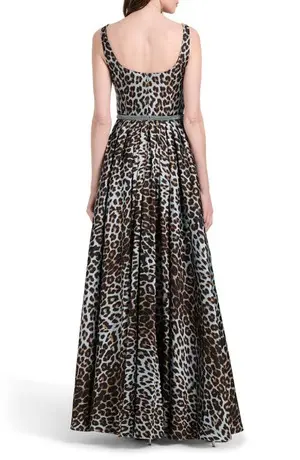 EMILY SHALANT Animal Pleated Square Neck Taffeta Ballgown