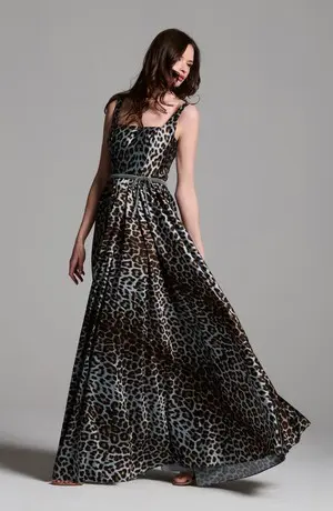 EMILY SHALANT Animal Pleated Square Neck Taffeta Ballgown