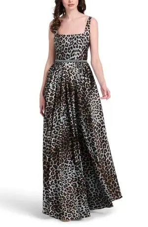 EMILY SHALANT Animal Pleated Square Neck Taffeta Ballgown