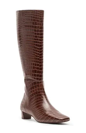 FRANCES VALENTINE Mackie Croc Embossed Leather Knee High Boots - Chocolate