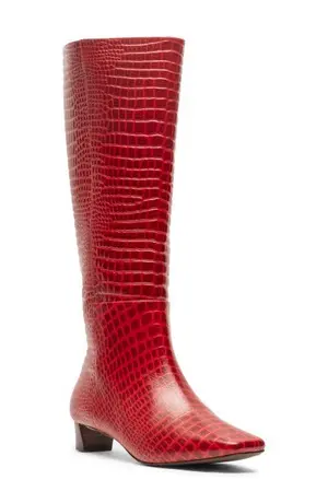 FRANCES VALENTINE Mackie Croc Embossed Leather Knee High Boots - Red