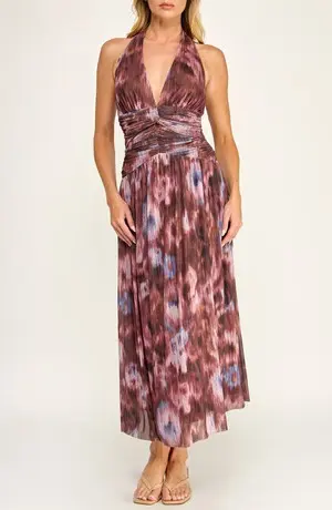 SOCIALITE Abstract Print Mesh Halter Dress - Burgundy/clay/periwinkle