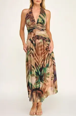 SOCIALITE Abstract Print Mesh Halter Dress - Tan/green