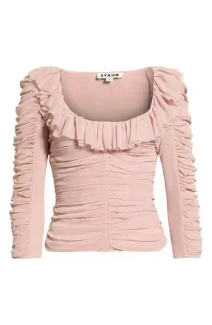 Staud Gretta Ruched Ruffle Top - Sandrose