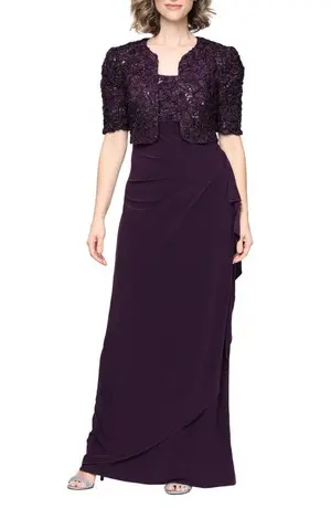 Alex Evenings Sequin Soutache Bodice Empire Waist Chiffon Gown With Bolero Jacket - Deep Plum