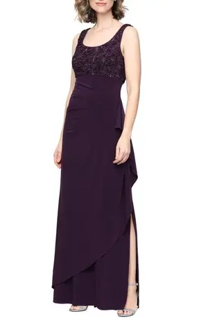 Alex Evenings Sequin Soutache Bodice Empire Waist Gown With Bolero Jacket - Deep Plum