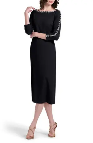 EMILY SHALANT Crystal Floral Detail Stretch Crepe Cocktail Dress - Black