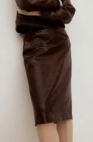 Mango Croc-embossed Faux Leather Midi Skirt - Brown