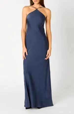 NIA Kelton Cowl Back Satin Gown - Grey Blue