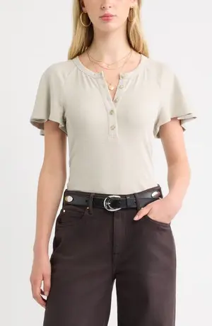 Treasure & Bond Flutter Sleeve Ribbed Henley - Beige Silver
