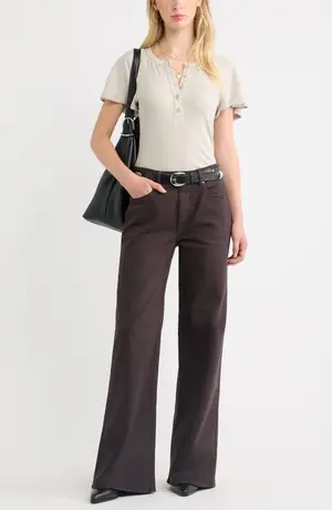 Treasure & Bond Flutter Sleeve Ribbed Henley - Beige Silver