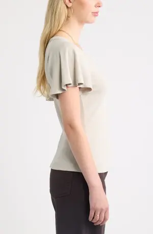 Treasure & Bond Flutter Sleeve Ribbed Henley - Beige Silver