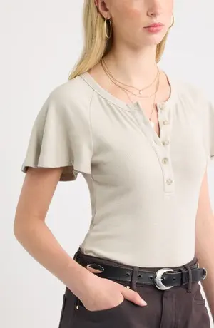Treasure & Bond Flutter Sleeve Ribbed Henley - Beige Silver