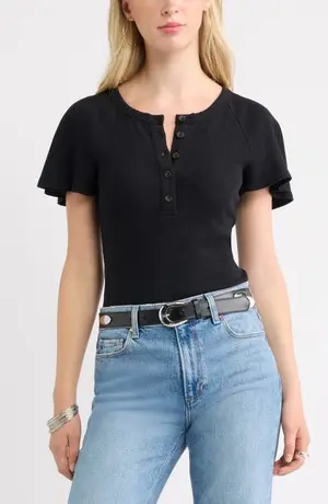Treasure & Bond Flutter Sleeve Ribbed Henley - Black
