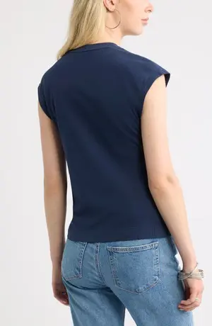 Treasure & Bond Twist Neck Asymmetric Sleeve Cotton Top - Navy Still