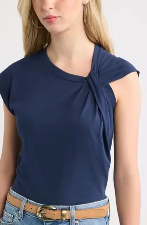 Treasure & Bond Twist Neck Asymmetric Sleeve Cotton Top - Navy Still
