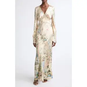 Camilla Crystal Embellished Floral Long Sleeve Silk Charmeuse V-neck Dress - Midsummer Masterpiece