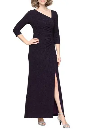 SL FASHIONS Metallic Knit Ruched Maxi Dress - Plum