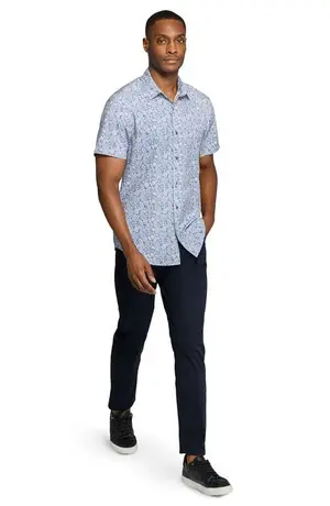 W.R.K Slim Fit Antique Floral Short Sleeve Performance Button-up Shirt - White/blue