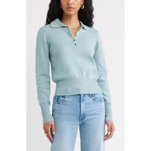 OPEN EDIT Textured Knit Long Sleeve Polo Sweater - Blue Arona