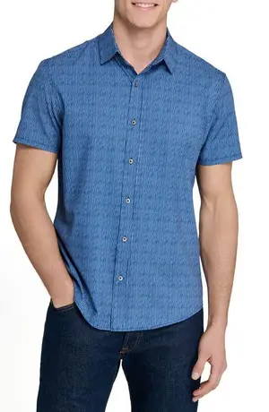 W.R.K Basic Slim Fit Abstract Stripe Short Sleeve Performance Button-up Shirt - Navy