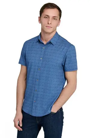 W.R.K Basic Slim Fit Abstract Stripe Short Sleeve Performance Button-up Shirt - Navy