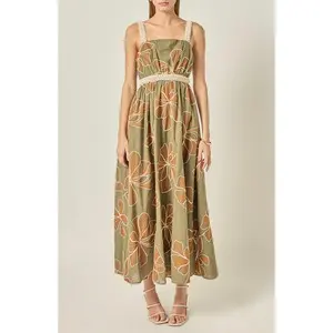 English Factory Embroidered Floral Waist Cutout Cotton Maxi Dress - Olive/cream