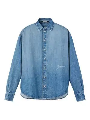 Jacquemus Denim Shirt With Embroidered Logo - Navy