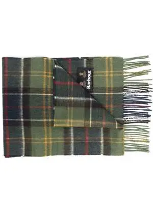 Barbour Wool Blend Fine Knit Check Pattern Scarf With Fringe Detailing - Multicolour