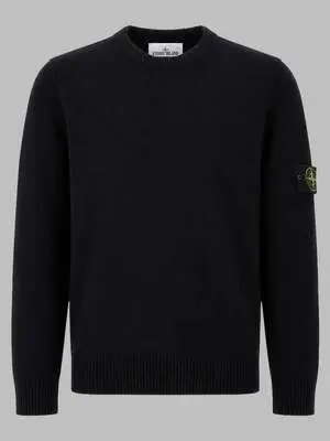Stone Island Wool-blend Crewneck Sweater With Signature Sleeve Patch - Black