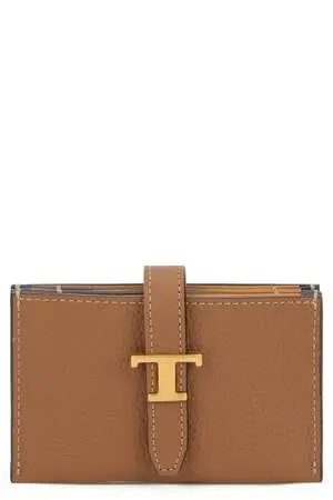 TOD`S Calfskin Leather Wallet With Gold Logo Front Closure - Camel