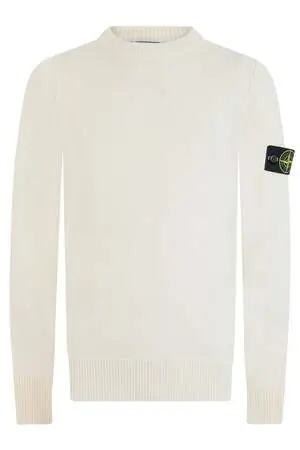 Stone Island Crewneck Sweater In Virgin Wool With Small Sleeve Logo - White