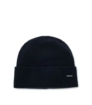 BOSS Knit Cashmere Beanie With Metal Logo Plaque - Dark Blue