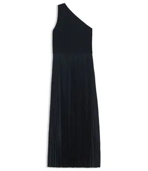 BOSS Rib-knit One-shoulder Dress With Pleated Skirt - Dark Blue
