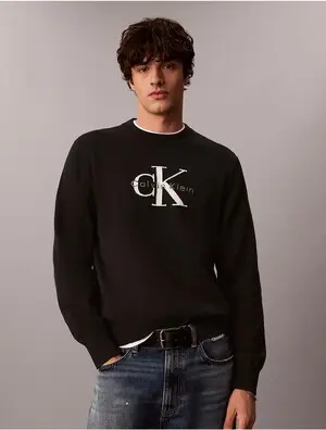 Calvin Klein Cotton Monologo Graphic Relaxed Sweater - Black