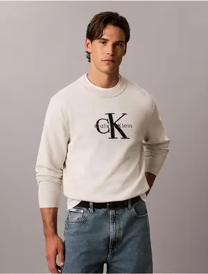 Calvin Klein Cotton Monologo Graphic Relaxed Sweater - Snow Heather