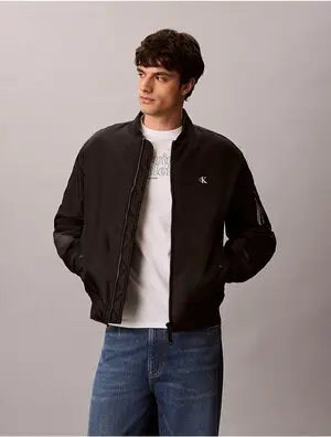 Calvin Klein Embroidered Monogram Nylon Bomber Jacket - Black