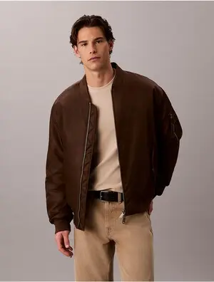 Calvin Klein Embroidered Monogram Nylon Bomber Jacket - Brown Cork