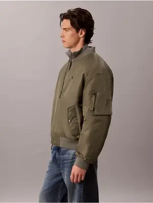 Calvin Klein Embroidered Monogram Nylon Bomber Jacket - Dusty Olive