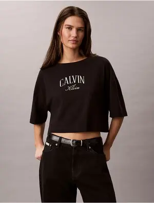 Calvin Klein Boxy Varsity Logo Cropped Tee - Black