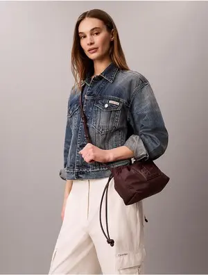 Calvin Klein Nylon Monologo Crossbody Bag With Drawstring Closure - Fudge