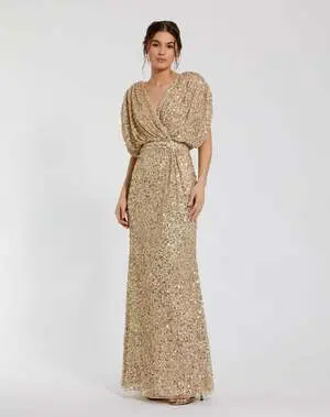 Mac Duggal Petite Sequin Draped Sleeve V-neck Gown - Gold